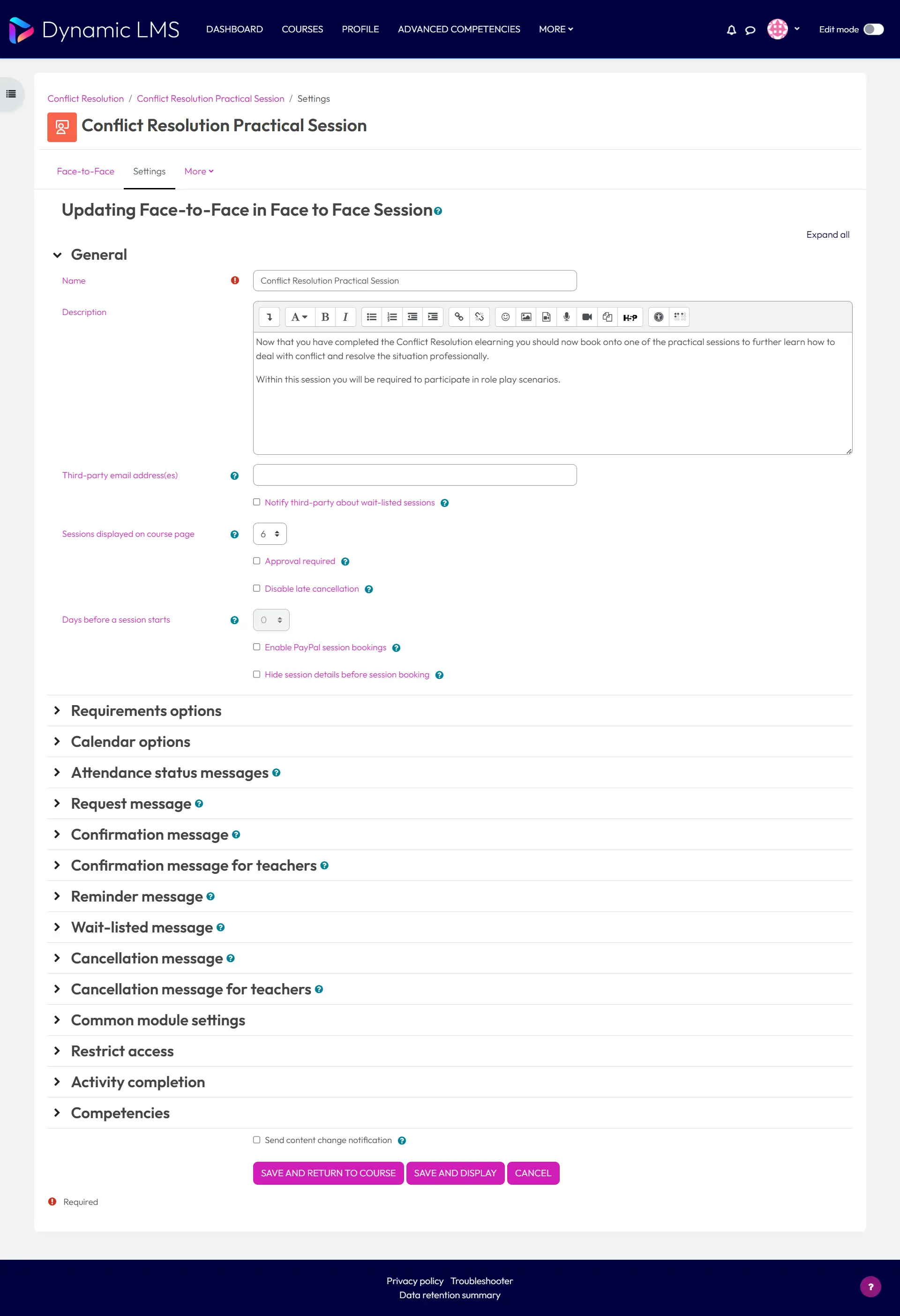 Face-to-Face activity – Dynamic LMS userguide